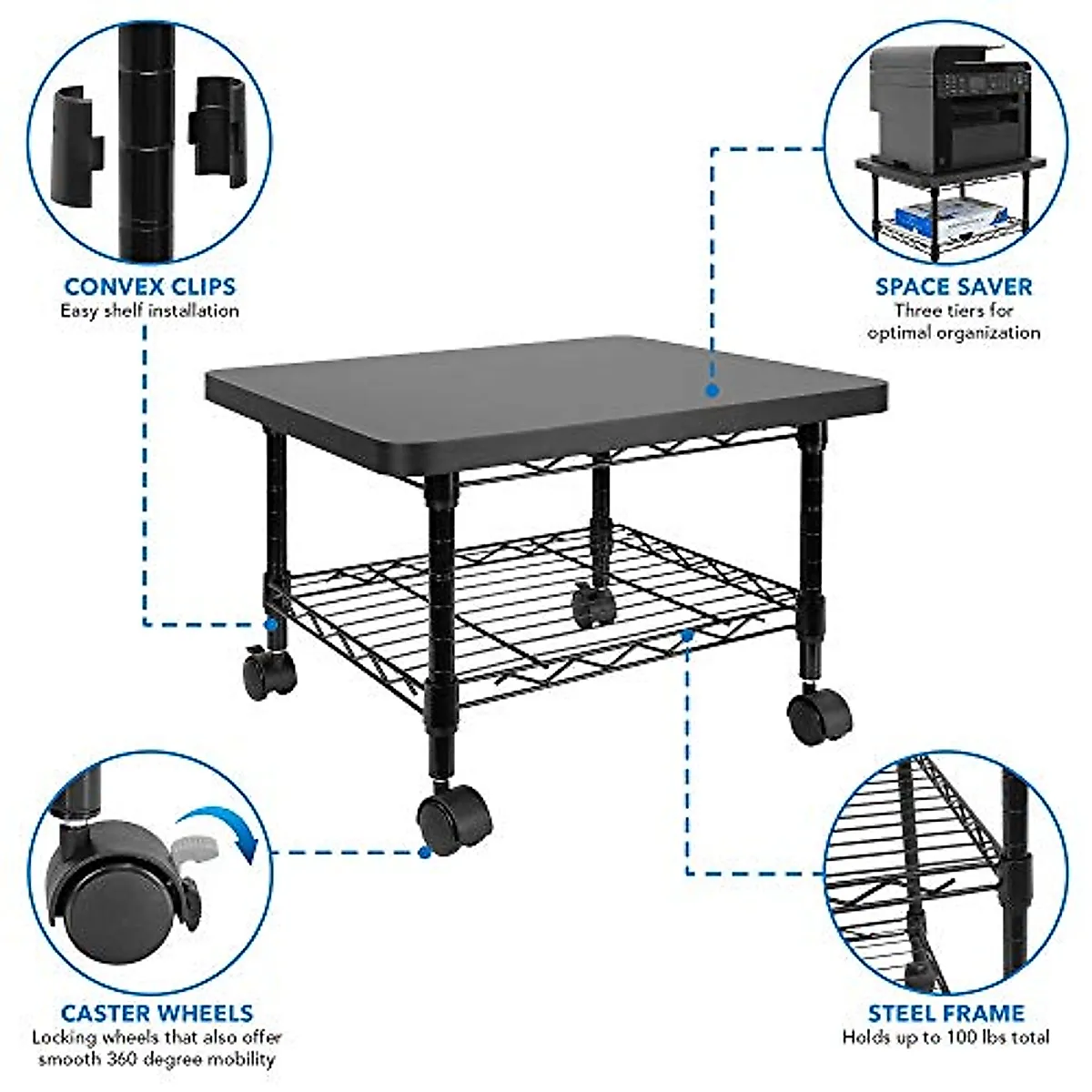 Mount-It! Under Desk Printer Stand with Wheels | Mobile Printer and Fax Cart with Storage Shelf for Office and Home Use, 2 Tiers (Black)