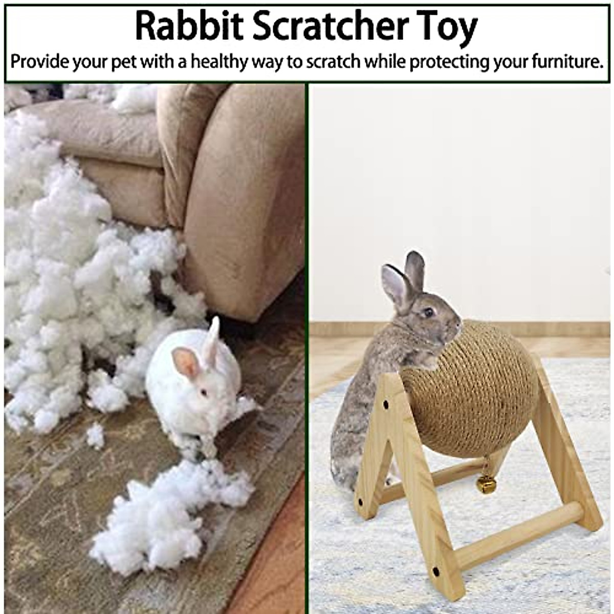 BNOSDM Rabbit Scratch Ball Sisal Bunny Scratching Toy, Wooden Pet Scratcher Stand with Ball for Indoor Rabbits Bunny, Kittens and Small Animals