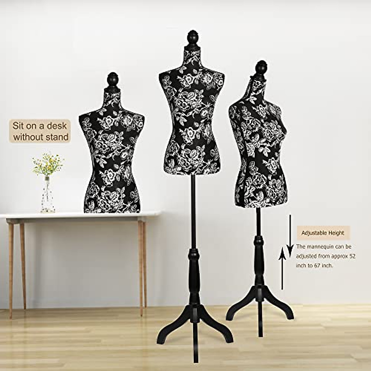 Female Mannequin Torso Dress Form Height Adjustable Pinnable Mannequin Body with Sturdy Tripod Stand for Home Decor, Jewelry & Clothing Display, White Flower