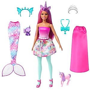 Barbie Dreamtopia Doll with Clothes & Accessories, Fairytale Dress-Up Set with Mermaid Tail, Baby Unicorn, Dragon Pet & More