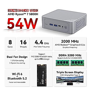Beelink SER5 Mini PC with AMD Ryzen 7 5800H(8C/16T, up to 4.4GHz) Mini Computer, 32GB DDR4 500GB NVMe SSD, 4K HD Triple Display HDMI/Type-C, WiFi 6, Bluetooth 5.2,Gray