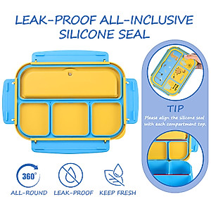 Sunhanny Lunch Box Kids, Bento Lunch Box for Girls Boys School, Lunch Containers for Adults Kids with 4 Compartments, Sauce Container, Utensils, Food Picks and Muffin Cups, Blue Dinosaur