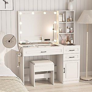Fameill Vanity Desk with Lighted Mirror & Power Strip,Large Vanity Table with Glass top and Lots Storage,3 Drawer Makeup Desk with Hair Dryer Stand,3 Lighting Modes,White