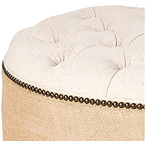 Tufted Round Ottoman, 30" Linen and Burlap