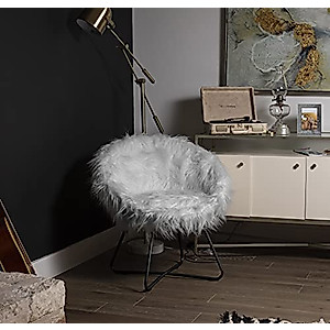 BIRDROCK HOME Grey Faux Fur Papasan Chair with Black Legs - Kids Bedroom Moon Chair - Comfy Wide Cushion Seat - Living Room Saucer - Metal - Fluffy Round Seat - Circle
