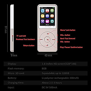 MP3 Player, Tengsen MP3 Music Player with FM Radio, Recording, Photo View, USB,1.8" Screen, HiFi Lossless Sound, 30+ Hours Long time Play, Support up to 128GB