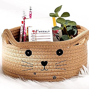 Baby Easter Basket, Cat Ear Cotton Woven Desktop Storage Basket, Cotton Rope Basket, Egg Hunt Bunny Baskets for Kids with Cute Rabbit Ears, Decorative Pet Cotton Rope Storage Basket