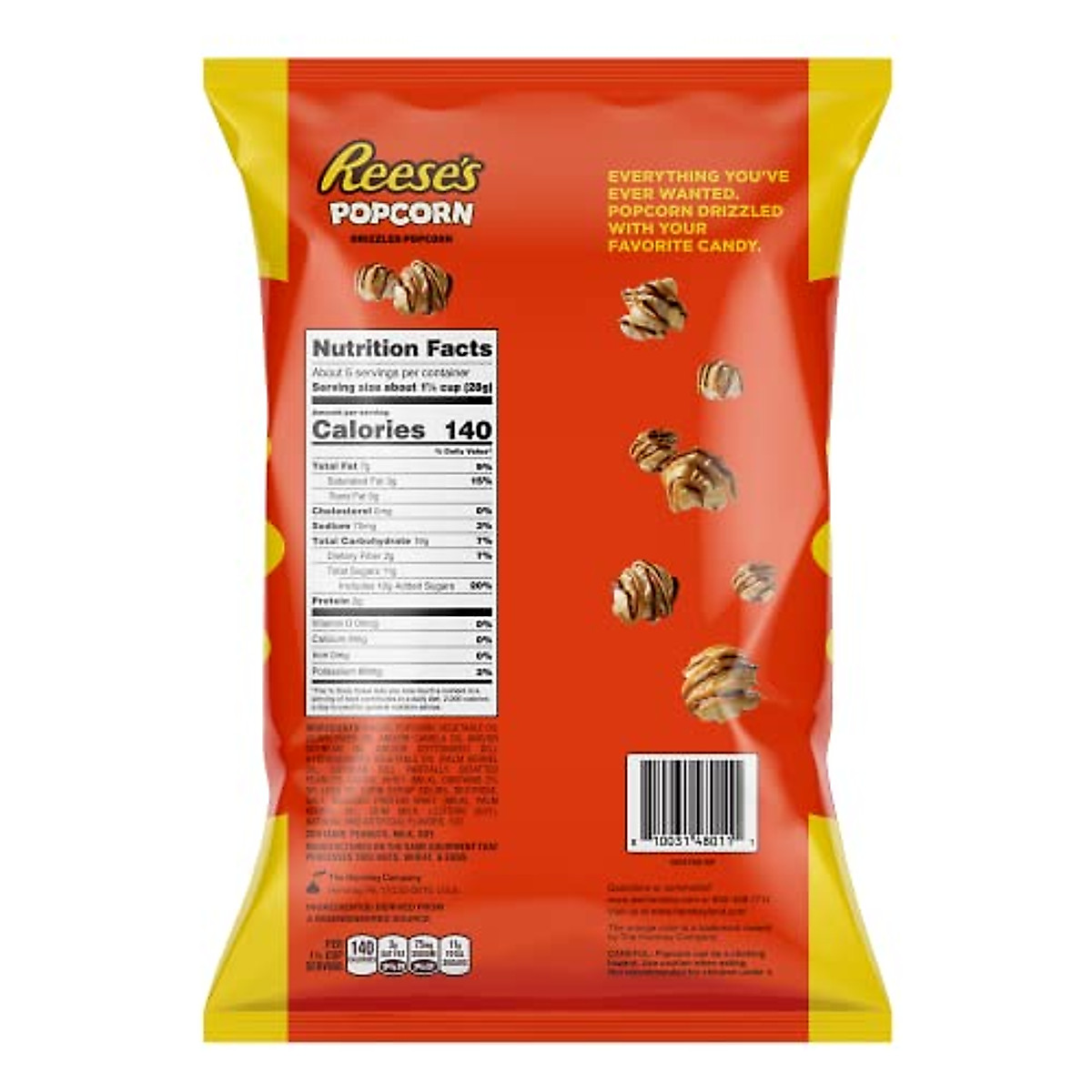Reese's Popcorn, 5.25oz Grocery Sized Bag, Popcorn Coated in Chocolatey Drizzle and Peanut Butter Crème, Ready to Eat, Savory Snack, Sweet and Salty Snacks