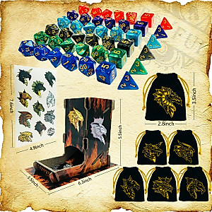 TOYFUL 6 Sets DND Dice Polyhedral Dungeons and Dragons DND RPG MTG Table Game Dice Bulk with Free Six Drawstring Bags and D&D Dice Tower Black