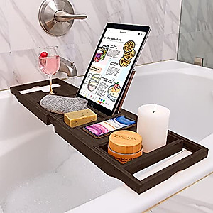 Homemaid Living Luxury Bamboo Bath Tray for Bathtub - Expandable Bathroom Tray with Reading Rack or Tablet Holder, Premium Bath Tray with Wine Glass Holder, Bathroom Caddy, Fits All Bathtubs (Brown)