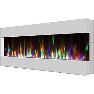 Cambridge 60" Recessed Wall Mounted Electric Fireplace with Realistic Multi-Color Flame & Crystal Rock Display, White Panel Wall Fireplace with Remote Control & Adjustable Heat, Modern Home Heating