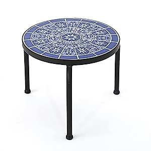 Christopher Knight Home Slate Outdoor Ceramic Tile Side Table with Iron Frame, Blue / White