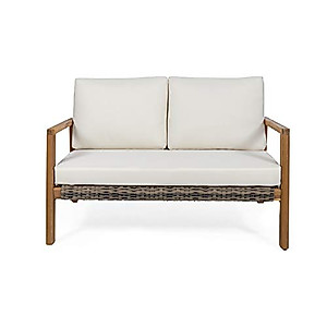 Christopher Knight Home Diana Outdoor Acacia Wood Loveseat with Wicker Accents, Teak Finish, Gray, Beige