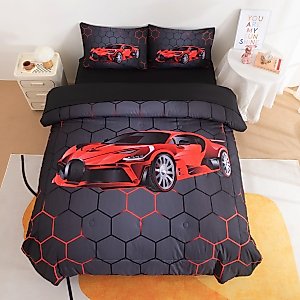 Podol 5 Pieces Race Car Comforter Set Twin Size Red Sports Car Bedding Sets for Boy 3D Geometric Bed in a Bag with 1 Comforter, 2 Pillowcases, 1 Flat Sheet and 1 Fitted Sheet