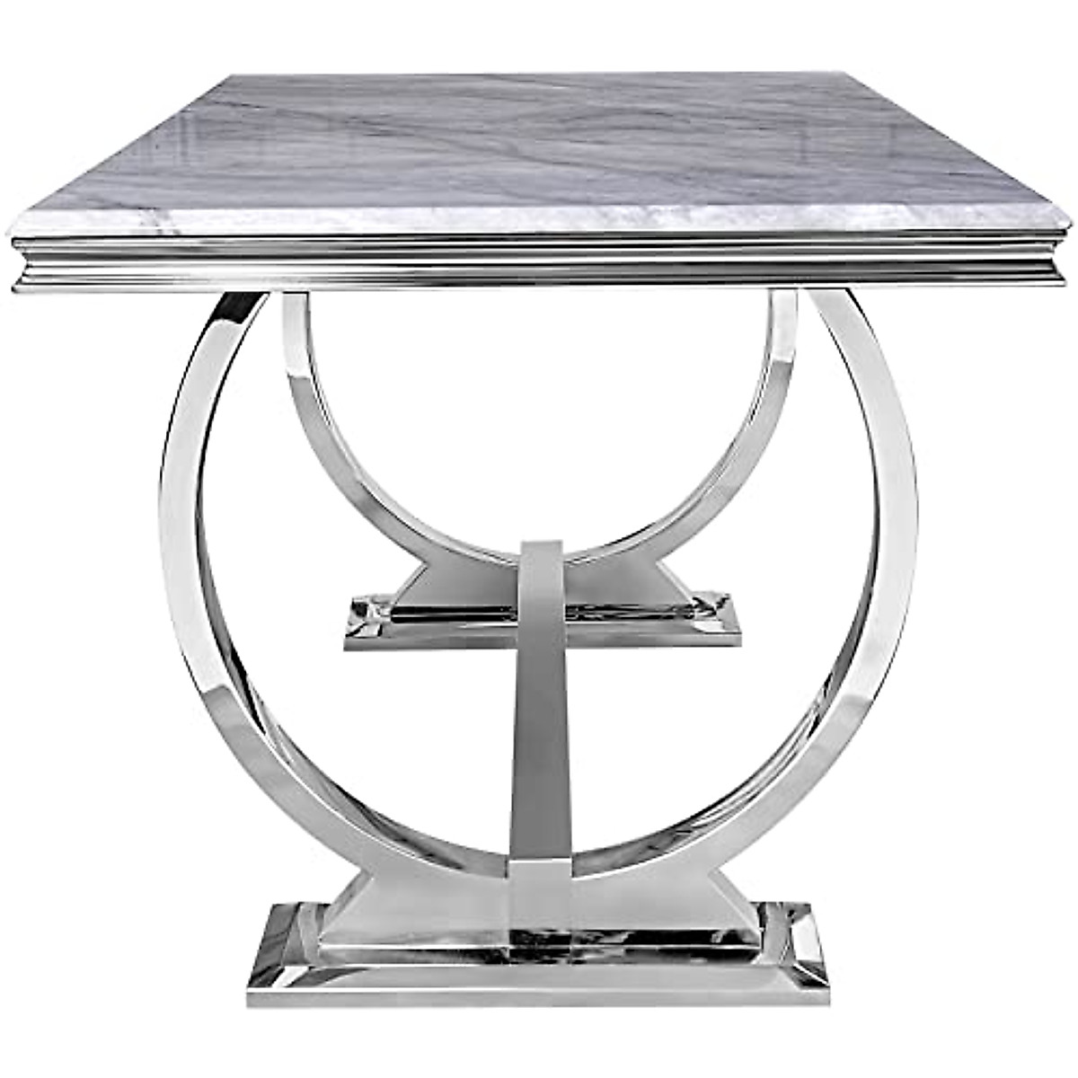 ACEDÉCOR Modern Dining Room Table with Silver Stainless Steel Metal U-Base in Grey Silver
