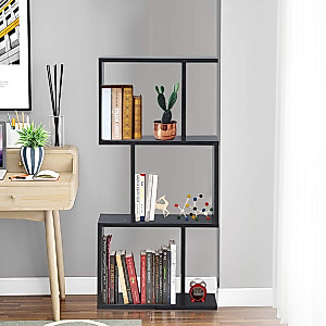 Giantex 3-Tier Bookshelf S Shaped Bookcase, Free Standing Industrial Storage Rack, Multifunctional Display Decor Furniture for Living Room Bedroom Office, 3 Shelf Bookcase (Black, 1)