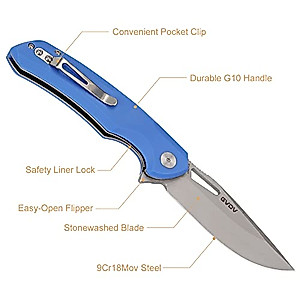 GVDV 9Cr18Mov Stainless Steel Pocket Knife with Ball Bearing Flipper, 3.6”Blade Folding Knife with G10 Handle, EDC Pocket Knives for Hunting Camping Fishing, Gifts for Men Women, Large (Blue)