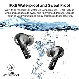 TOZO T20 Wireless Earbuds Bluetooth Headphones 48.5 Hrs Playtime, IPX8 Waterproof, Dual Mic Call Noise Cancelling with Wireless Charging Case Black