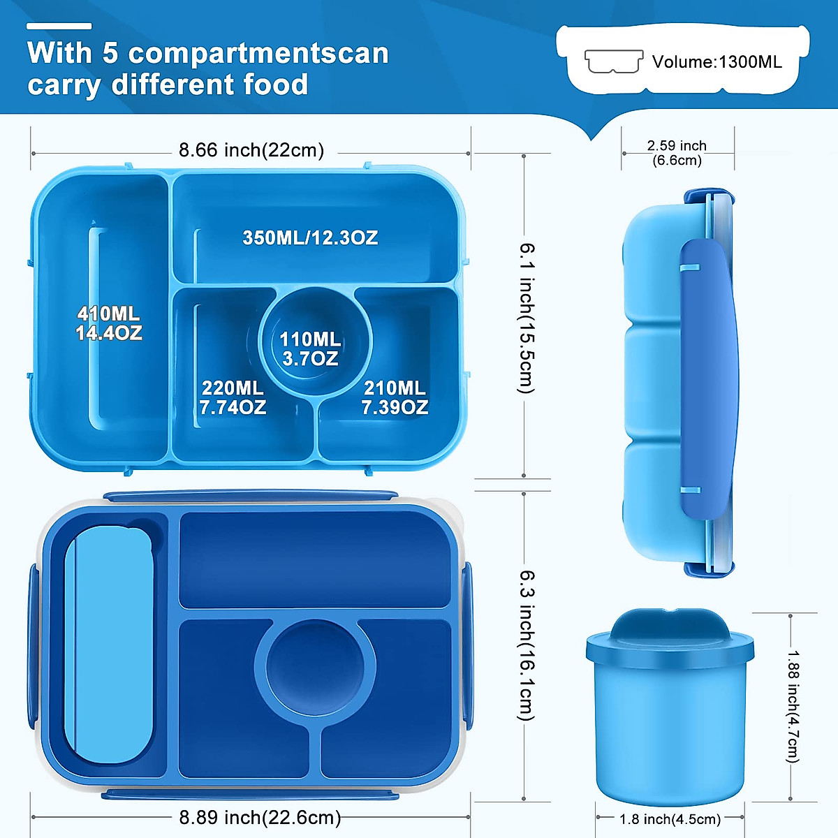 Demiue Lunch Box, Bento Box, Lunch Containers for Adults/Kids/Toddler,5 Compartments Bento Lunch Box with Sauce Vontainers,Microwave & Dishwasher & Freezer Safe,BPA Free(Blue)