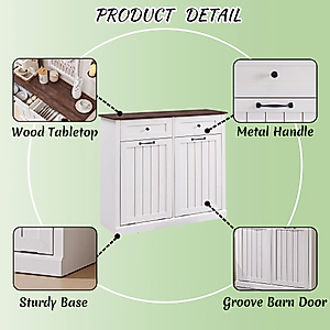 IFBUY Double Tilt Out Laundry Hamper Cabinet, 20 Gallon Farmhouse Trash Can Cabinet with Drawer, Hidden Wood Garbage Can Bin Cabinet with Laundry Storage Basket for Bathroom, Kitchen (White)
