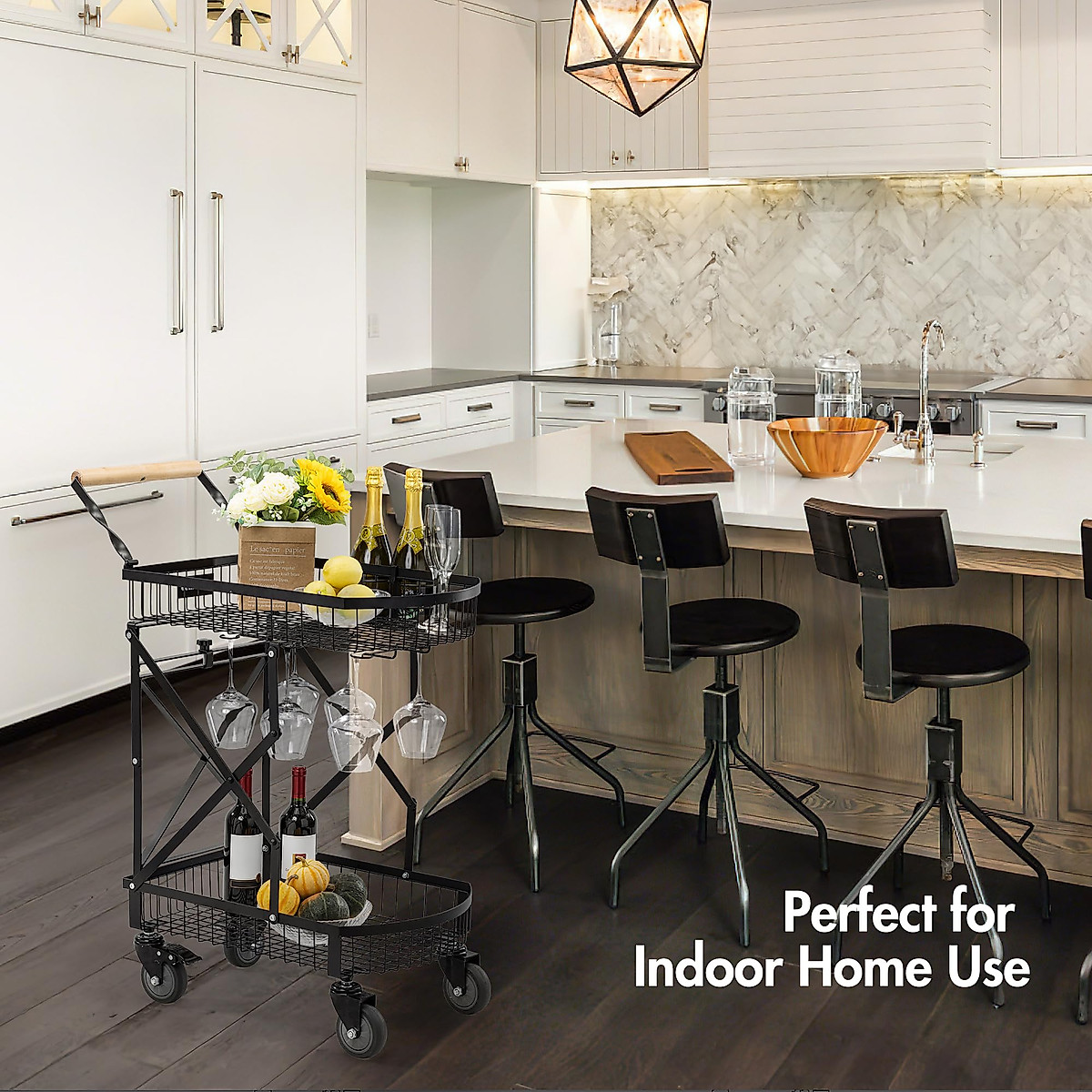 Gurblofy Bar Cart, Foldable Serving Cart for Home, Bar Cart with Wheels, Black Bar Cart with Glass Holder and Wine Rack, Indoor & Outdoor Kitchen, Dining Room, Patio, Party Cart, GBBC-B