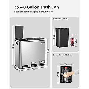 SONGMICS Trash Can, 3 x 4.8 Gallon Garbage Can, 14.4 Gallon Recycle Bin with Soft-Close Lids, Pedals, and Inner Buckets for Kitchen, Stainless Steel, Silver and Black ULTB54NL