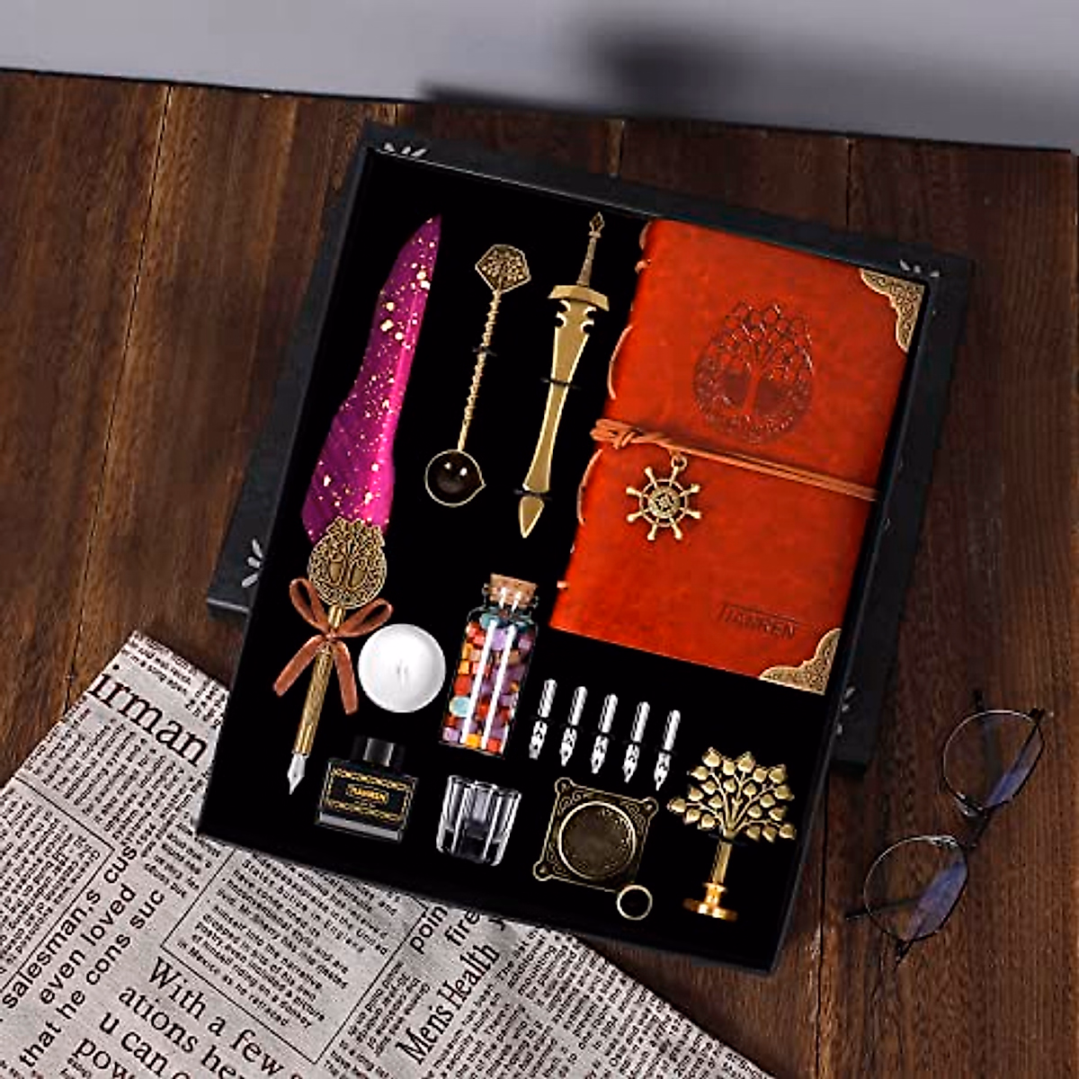TIANREN Quill Pen and Ink Set,Antique Feather Dip Pen,Antique Calligraphy Pen with 5 Replaceable Nibs,Wax Seal Stamp kit,Wax Beads & Leather Writing Notebook Gift for Men&Women.(PurpleRed)