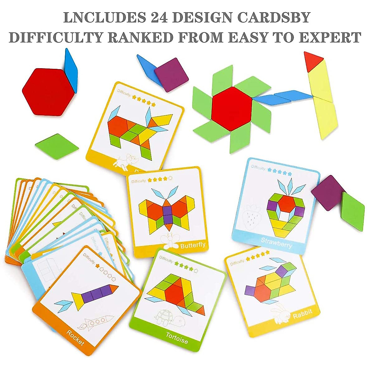 KanCai 155PCS Wooden Pattern Blocks Set Geometric Shape Puzzles Classic Educational Toys Tangrams Set for Kids Ages 3-8 with 24 Pcs Design Cards