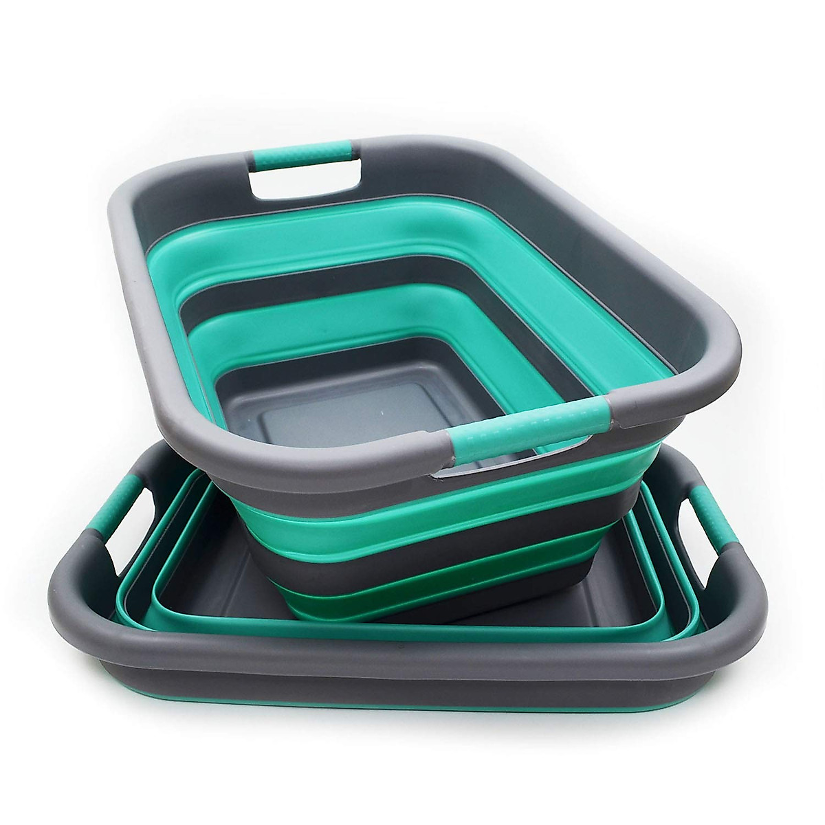 SAMMART 41L Set of 2 Collapsible Plastic Laundry Basket - Foldable Pop Up Storage Container/Organizer - Portable Washing Tub - Space Saving Hamper/Basket (2, Grey/Turquoise Blue)