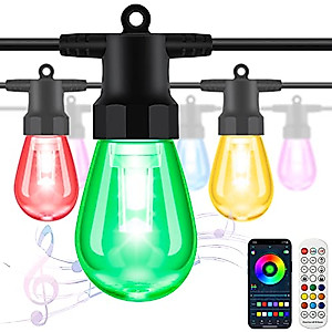 XHT Outdoor String Lights - 48ft Sync with Music Color Changing Outside Patio Lights with 15 Dimmable IP65 Waterproof RGB LED Bulbs with App & Remote Control for Dating, Party, Wedding
