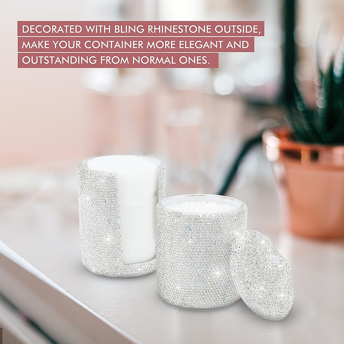 KEYPOWER Bling Rhinestone Cotton Ball Pad Swabs Make Up Pads Dispenser Holder Acrylic Jar with Lid Multi-function Organizer Container (White)