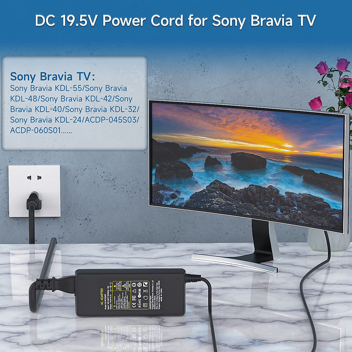 19.5V AC DC Adapter Charger for Sony Bravia TV W600B KDL-40R510C KDL-40W600B KDL-40W600D KDL-32W600D KDL55W650D KDL48W600B KDL-32W700B KDL-48R510C KDL-40S4100 KDL-40S4100 TV Power Supply Cord