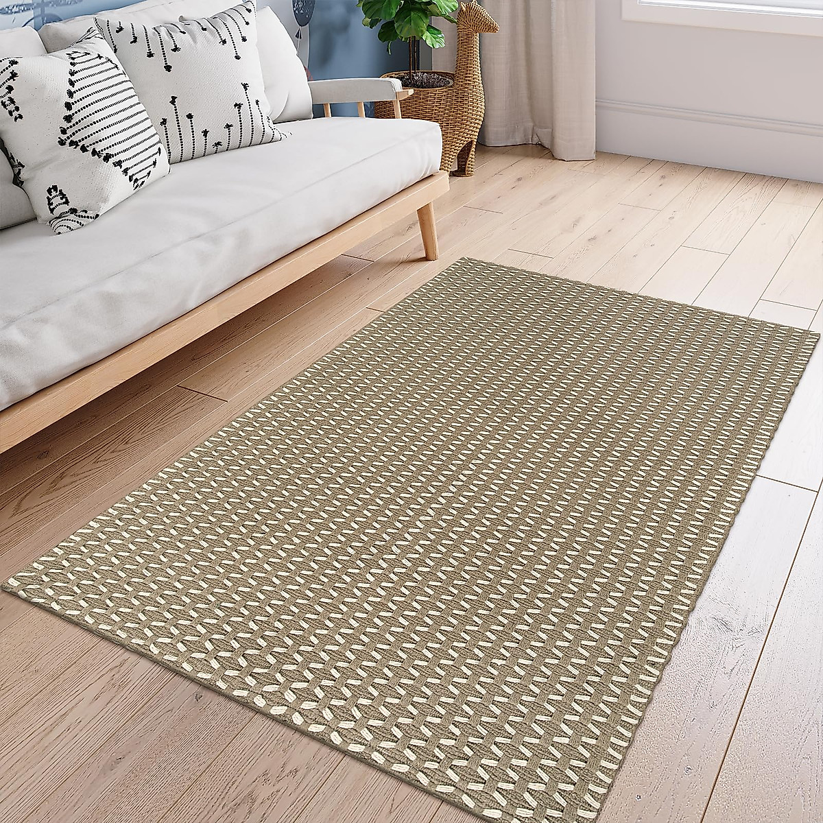 OJIA Washable Rugs 3x5 ft Front Door Rugs Entryway Rugs Indoor Outdoor Rug Cotton Hand-Woven Tan Kitchen Rug Farmhouse Throw Rugs Door Mats Entrance Rugs for Bedroom Bathroom Porch