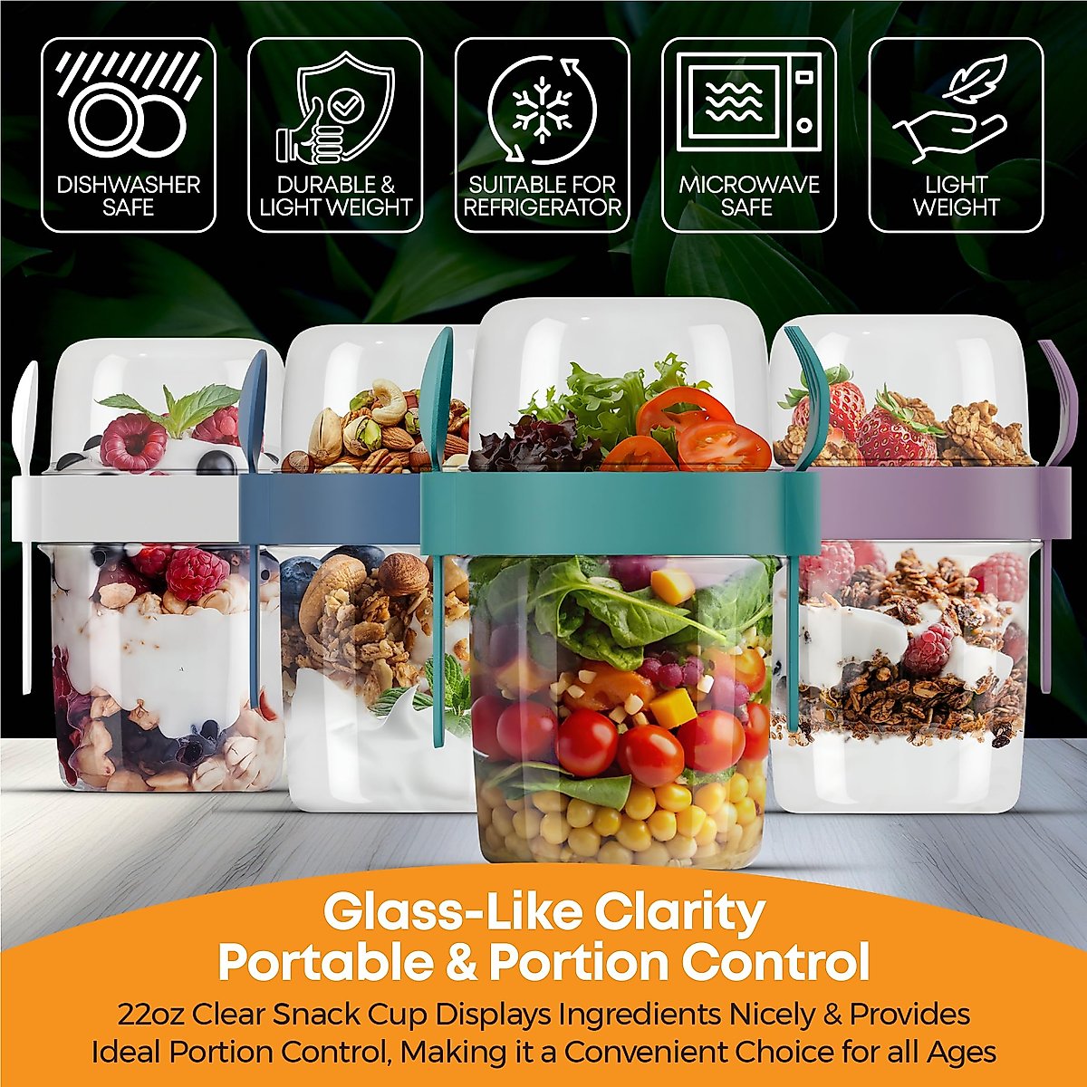QUASLEQ 4-Pack Yogurt Parfait Cups - with Lids and Spoons - Reusable Yogurt Containers for On-the-Go - Portable Yogurt Cups with Topping Storage - Ideal for Oatmeal and Breakfast Prep (22 oz-650 Ml)