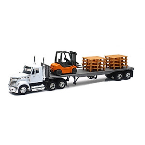 New Ray New 1:43 NEWRAY Truck & Trailer Collection - White Long HAUL Trucker International Lonestar Flatbed with Forklift and PALLETS Diecast Model Toys