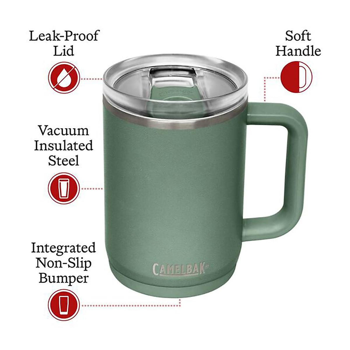 CamelBak Thrive Leak-Proof 16 oz Mug, Insulated Stainless Steel - For travel, coffee, tea, hot beverages - Spill Proof - Cup-holder Compatible, Moss