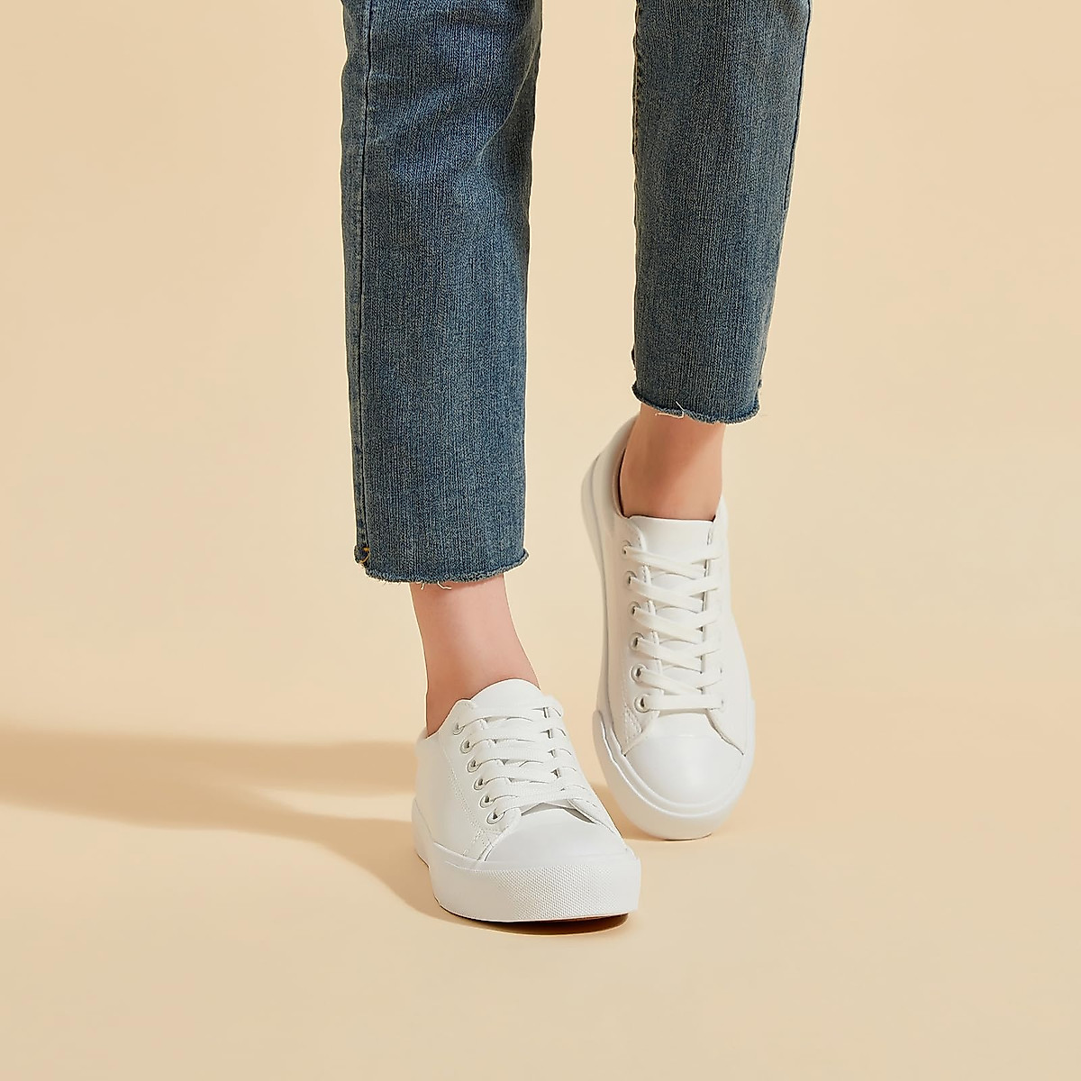 Eydram Women's Synthetic Leather White Tennis Shoes,Lace up White Sneakers,Low Top Fashion Sneakers(White.US9)