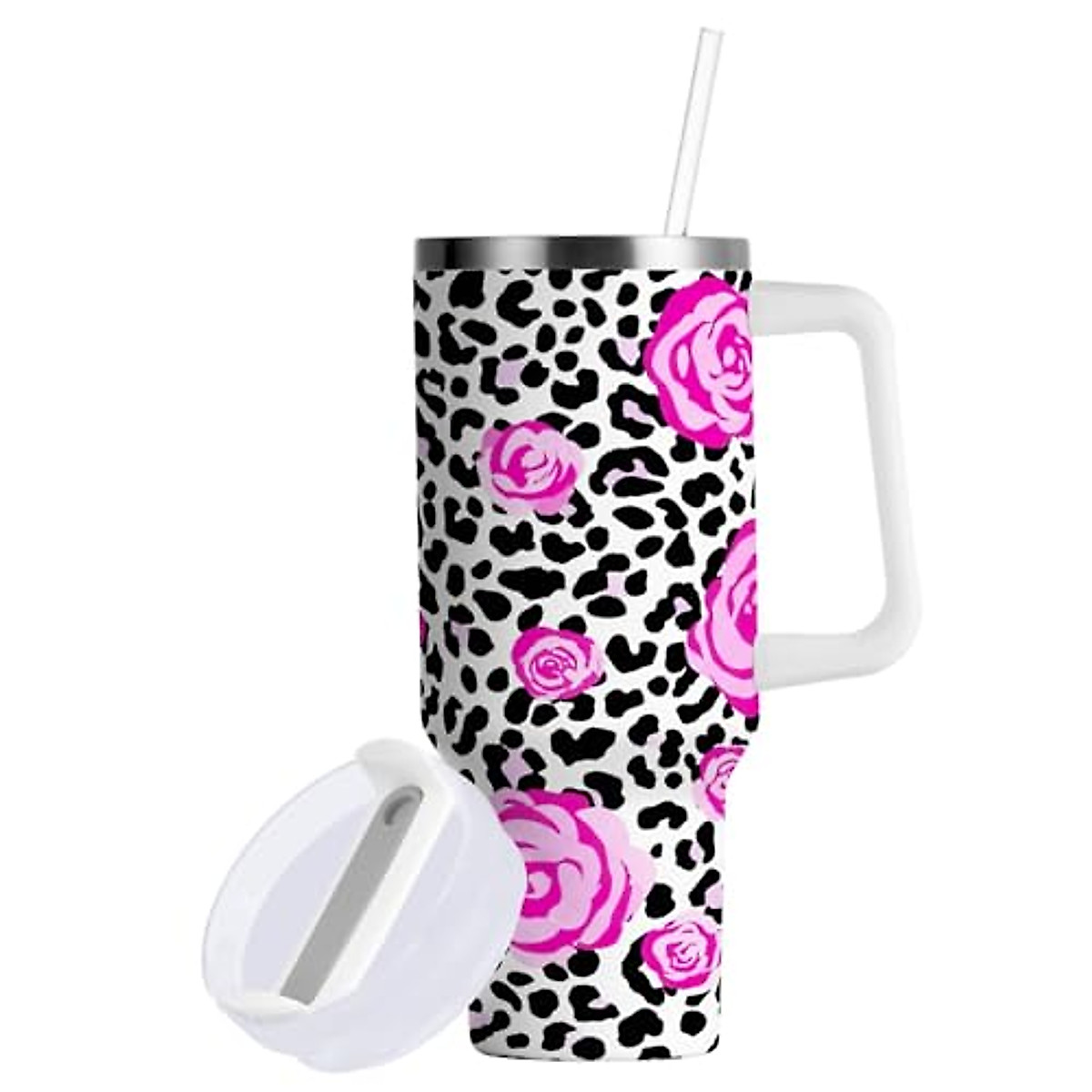 RPLIFE Pink Roses Leopart Print Tumbler Cup, Stainless Steel Coffee Cup, Insulated Cups with Lids, Tumbler for Men