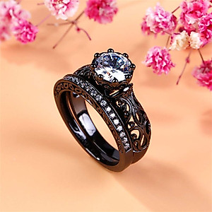 Jeulia 2.5 Ct Black Tone Wedding Ring Set 925 Sterling Silver Round Cut Bridal Sets Vintage CZ Wedding Band Rings Anniversary Engagement Promise Rings for Her with Jewelry Gift Box (8)