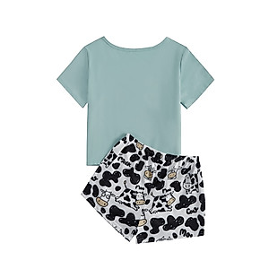 SweatyRocks Women's Cute Graphic Print Short Sleeve Crop Top with Shorts Pajama Set Blue Black Cow M