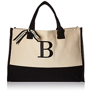 Mud Pie Classic Black and White Initial Canvas Tote Bags (B), 100% Cotton, 17" x 19" x 2"
