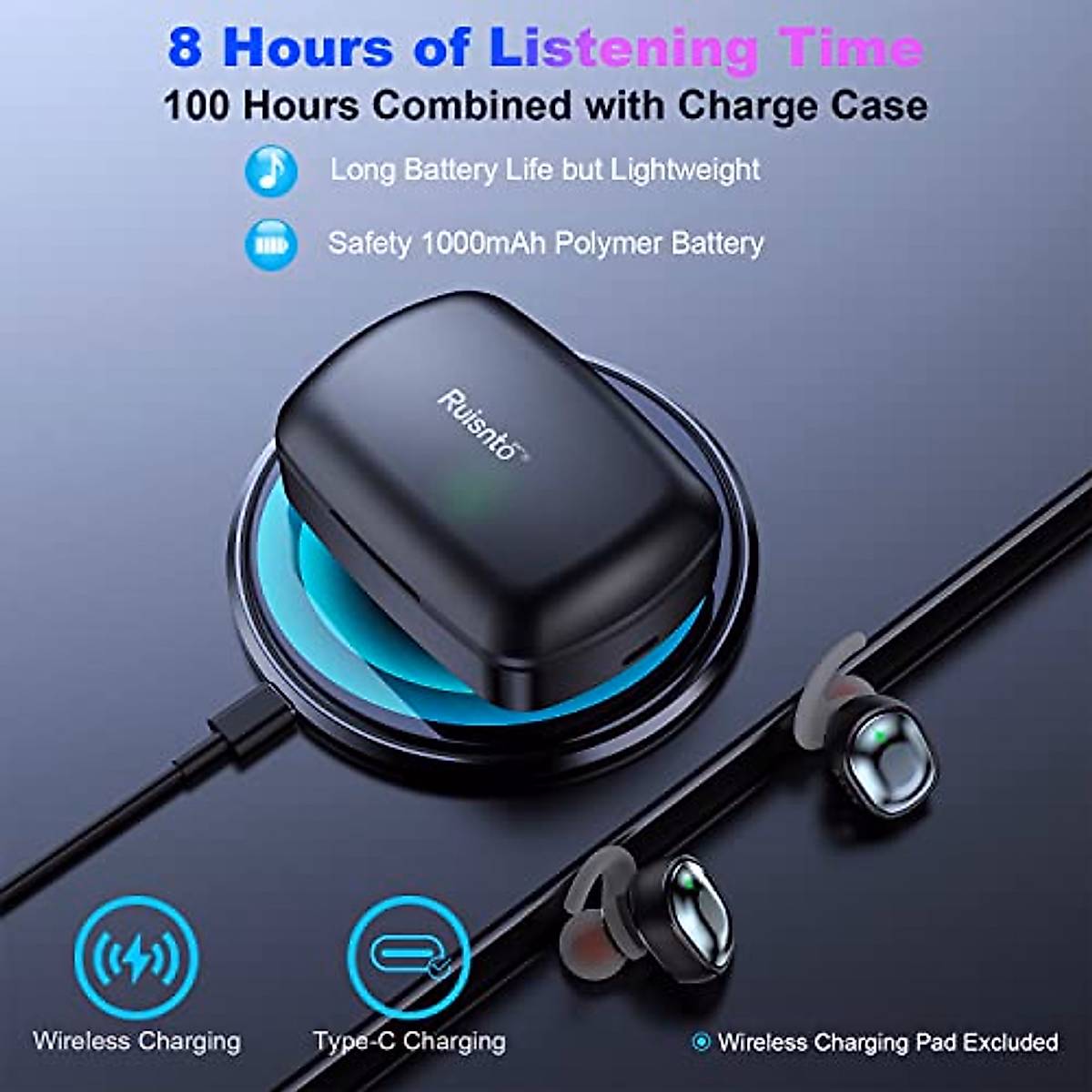 Ear Buds Wireless Bluetooth Earbuds V17 with Wireless Charging Case and LED Digital Display 100hrs Playtime IPX6 Waterproof Earphones with Earhooks Great Sound for Sports Running Workout Gym Black