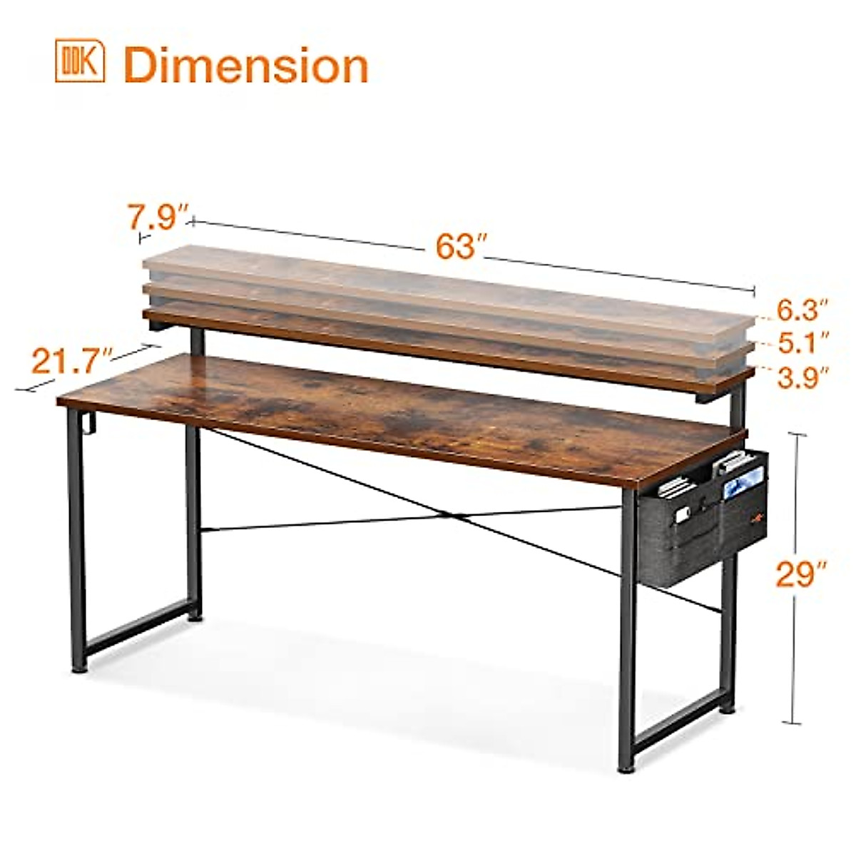 ODK Computer Desk with Adjustable Monitor Shelves, 63 inch Home Office Desk with Monitor Stand, Writing Desk, Study Workstation with 3 Heights (10cm, 13cm, 16cm), Rustic Brown