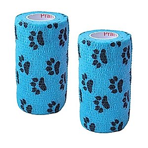 Vet Wrap Wrap Tape (Blue with Paw Prints) (2 Pack) (3 Inch x 15 feet) Self Adhesive Adherent Adhering Cohesive Flex Self Stick Bandage Grip Roll Dog Cat Pet Horse