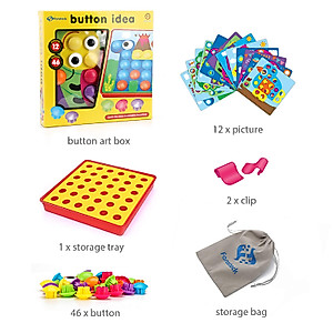 Fansteck Button Art Toy for Toddlers, Color Matching Early Learning Educational Mosaic Pegboard, Safe Nontoxic ABS Plastic Premium Material, 12 Pictures and 46 Buttons,with a Bag Easy to Storage