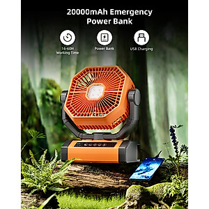 MORIKO 20000mAh Camping Fan with LED Light, Rechargeable Battery Operated Fan with Remote & Hook, 270° Pivot, 4 Powerful Speeds, Quiet Portable Outdoor Fan for Tent Picnic, Beach, BBQ, Jobsite
