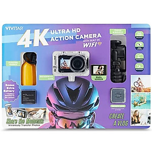 Vivitar 4K Ultra HD Action Camera Bundle Dual Screens, WiFi, 64GB SD, 2 Batteries, Waterproof Case, EIS & More
