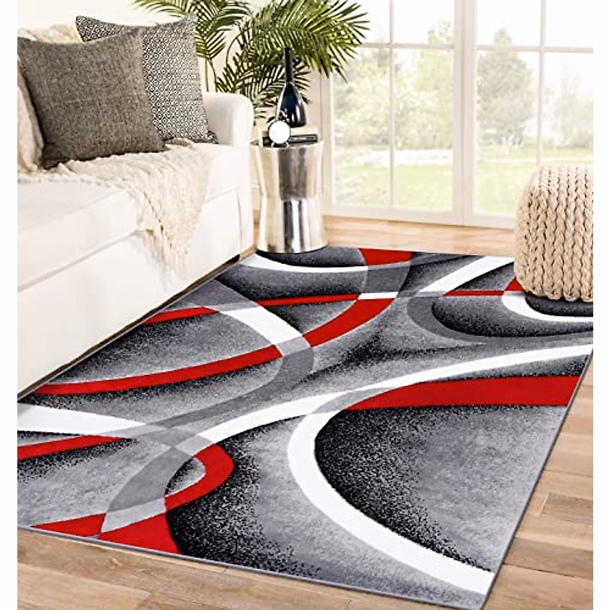 Luxe Weavers Gray Black Red White Geometric Swirls 9'0 x 12'6 Modern Abstract 9x12 Area Rug Carpet