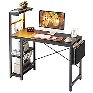 Bestier Gaming Desk with LED Lights, 44 Inch PC Gamer Desk for Small Spaces, Computer Desk with Reversible Storage Shelves & Side Storage Bag (Black Grained)