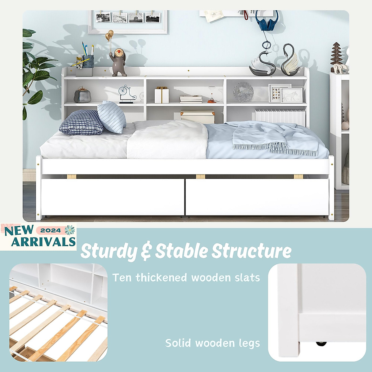 Twin Bed with Storage Bookcase and Drawers Wood Platform Bed with Sideboard Twin Size Daybed Frame for Youths Teens Boys Girls Kids, White